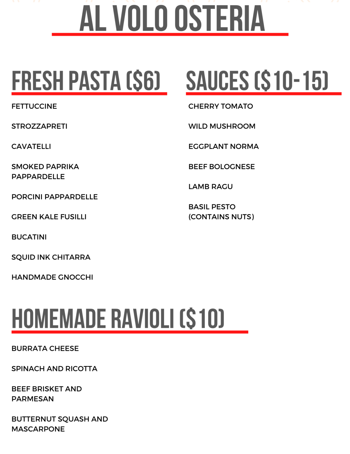 Menus – Osteria Al Volo